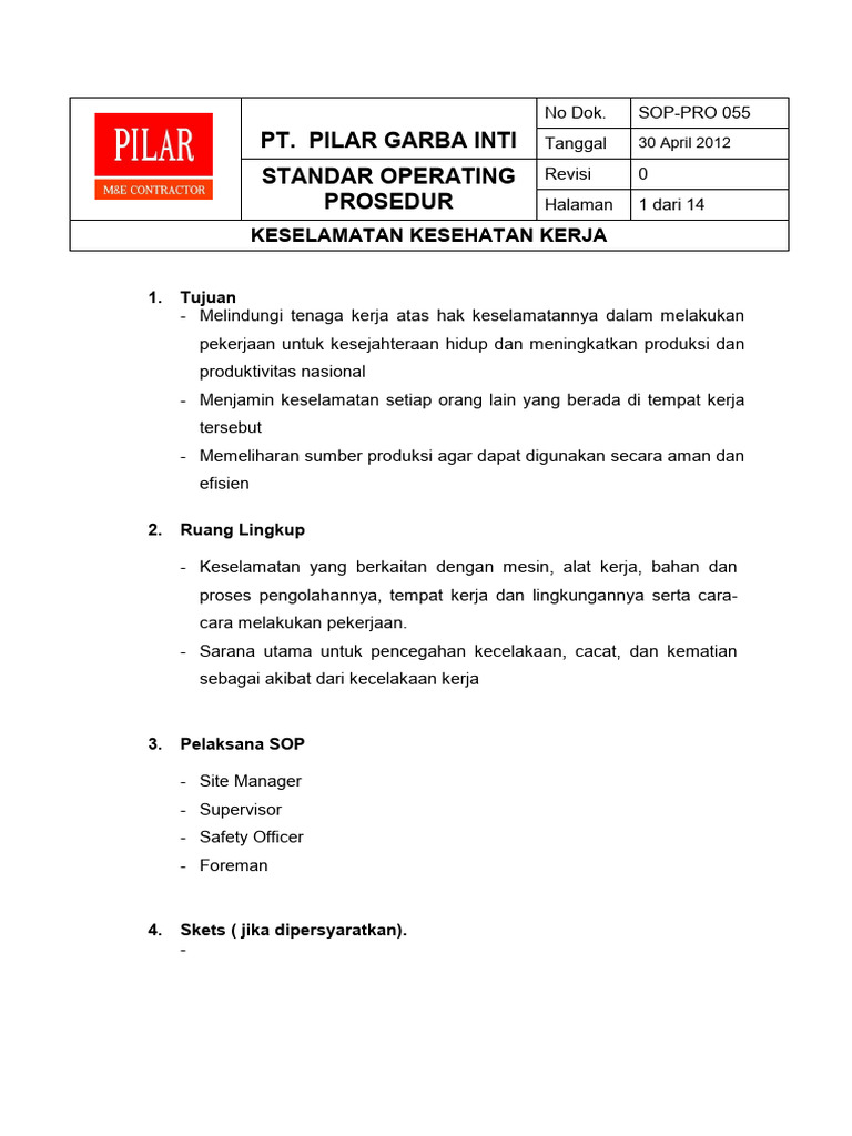 SOP Keselamatan Kerja PT. Pilar Garba Inti | PDF