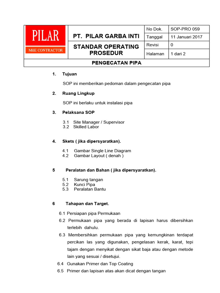 SOP Pengecatan Pipa di PT Pilar Garba | PDF
