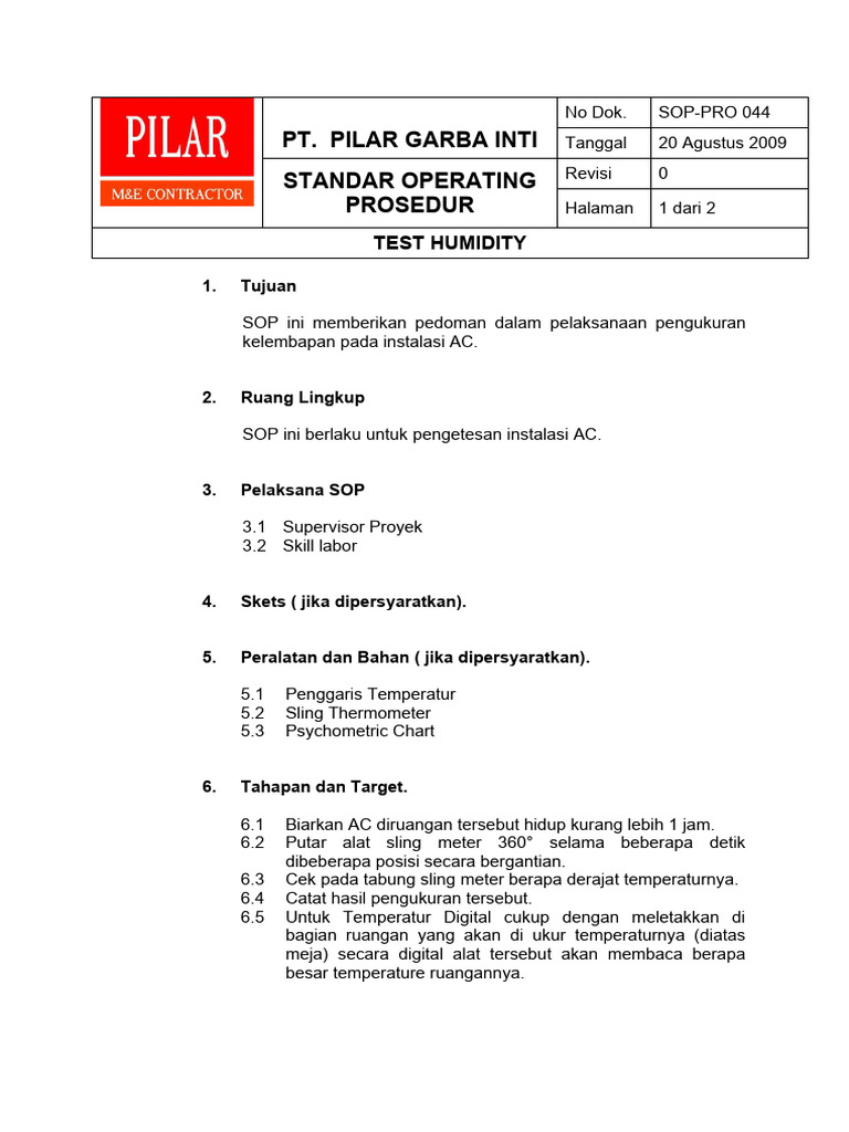 Standard Operating Prosedur Test Humidity | PDF