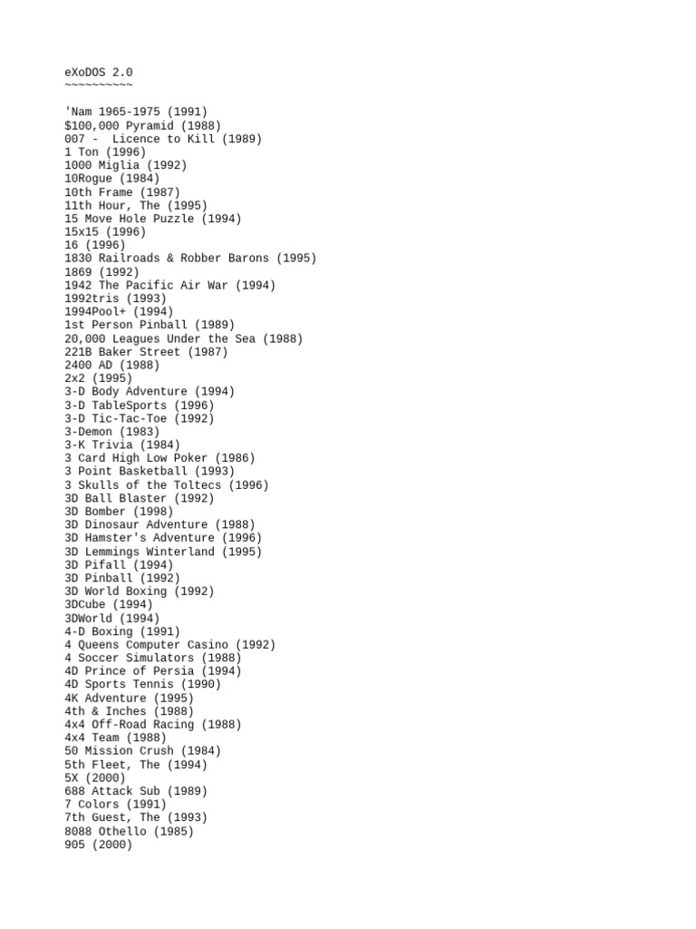 eXoDOS 2.0 Game Collection List | PDF