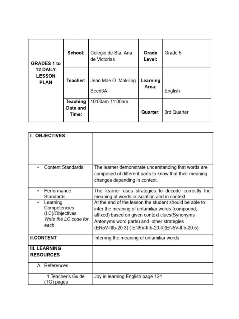 Inferring Unfamiliar Words Lesson Plan | PDF | Learning | Water