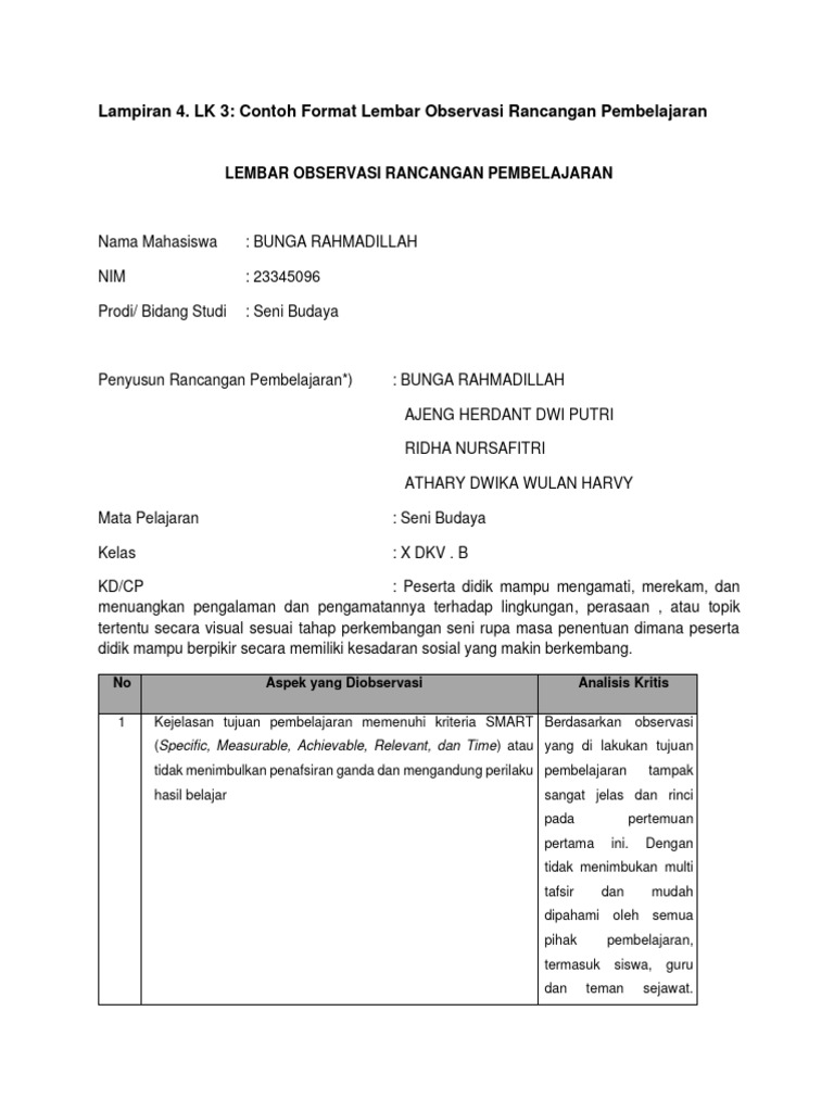 Lampiran 4 LK 3 Contoh Format Lembar Observasi Rancangan Pembelajaran | PDF