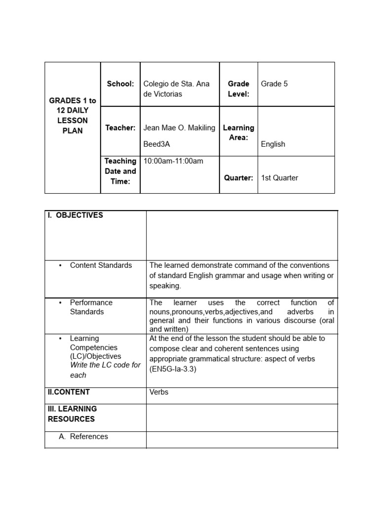 5.aspects of Verb Lesson Plan | PDF | English Language | Linguistics