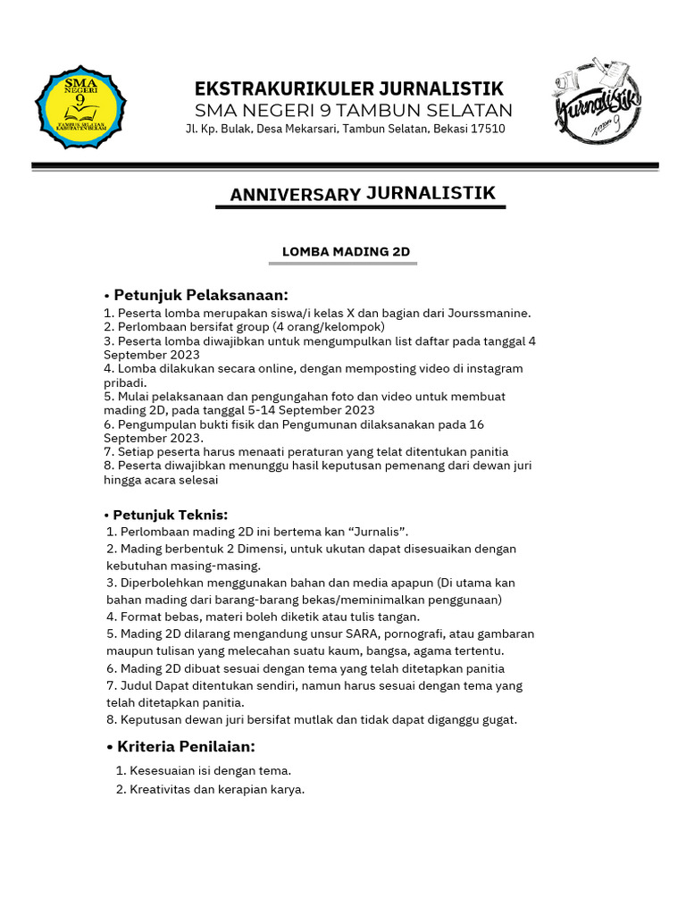 Lomba Mading 2D Jurnalis SMA 9 Tambun | PDF