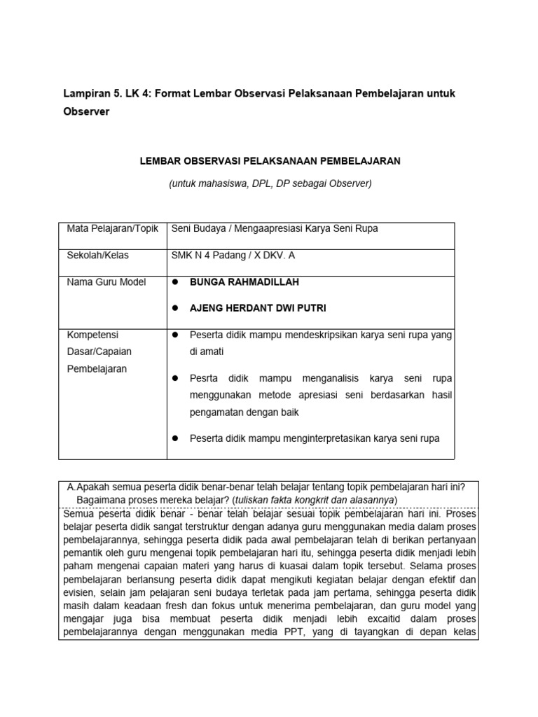 Lampiran 5 LK 4 Format Lembar Observasi Pelaksanaan Pembelajaran | PDF | Karier & Perkembangan
