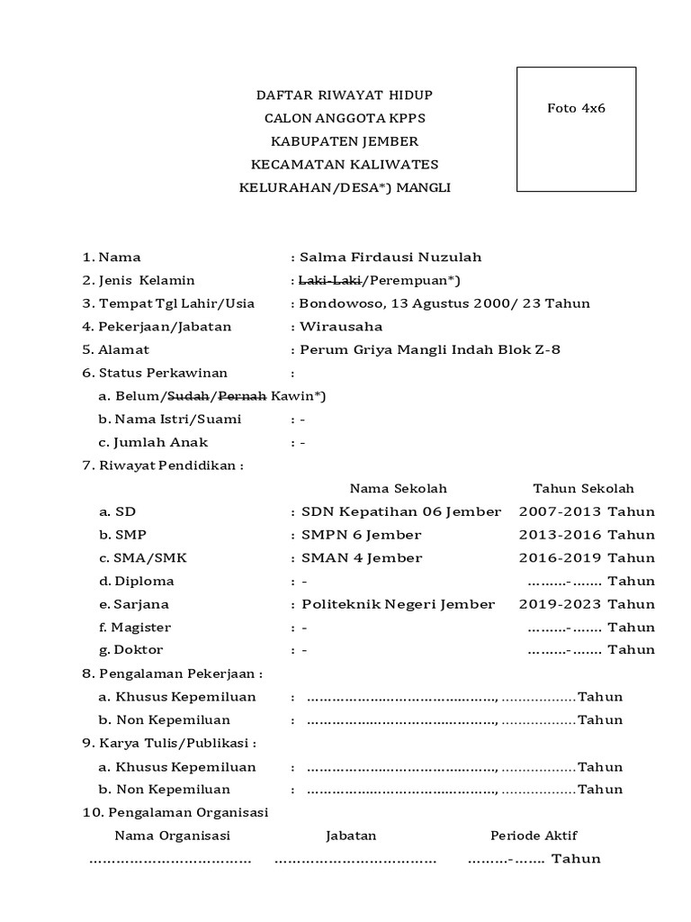 Daftar Riwayat Hidup KPPS | PDF