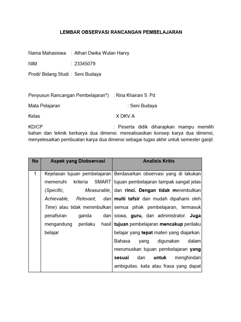 Observasi Rancangan Pembelajaran Seni | PDF
