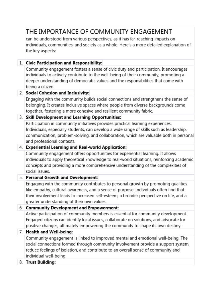 THE IMPORTANCE OF COMMUNITY ENGAGEMENT Topic #2 | PDF | Community ...