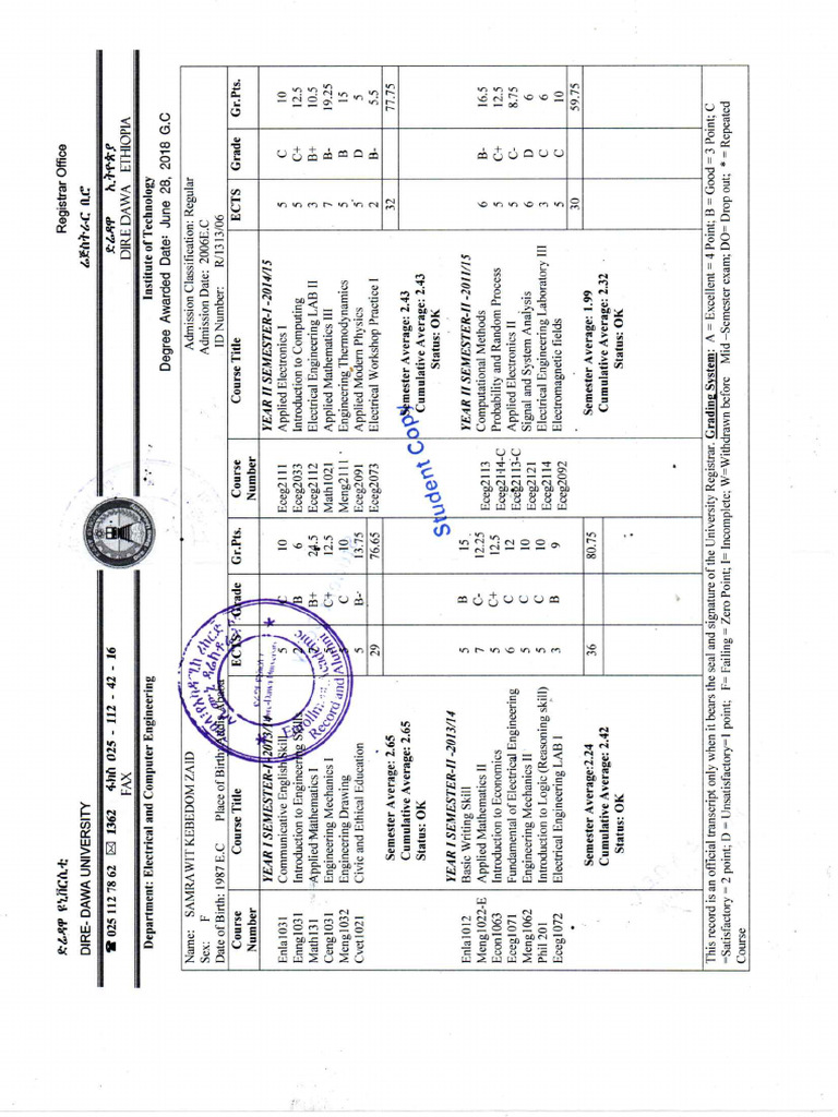 Samrawit Kebedom Transcripts | PDF