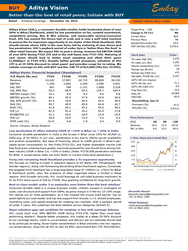 Aditya Vision Initiating Coverage - 101223 - Others | PDF | Investing ...