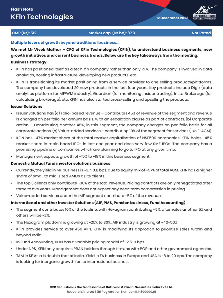 KFin Technologies Growth Strategy | PDF | Equity (Finance) | Expense