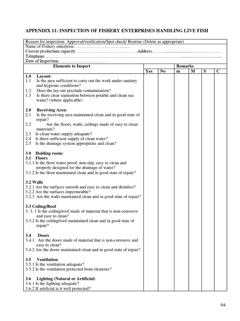 Inspection Checklist of Fishery Enterprises Handling Live Fish | PDF ...