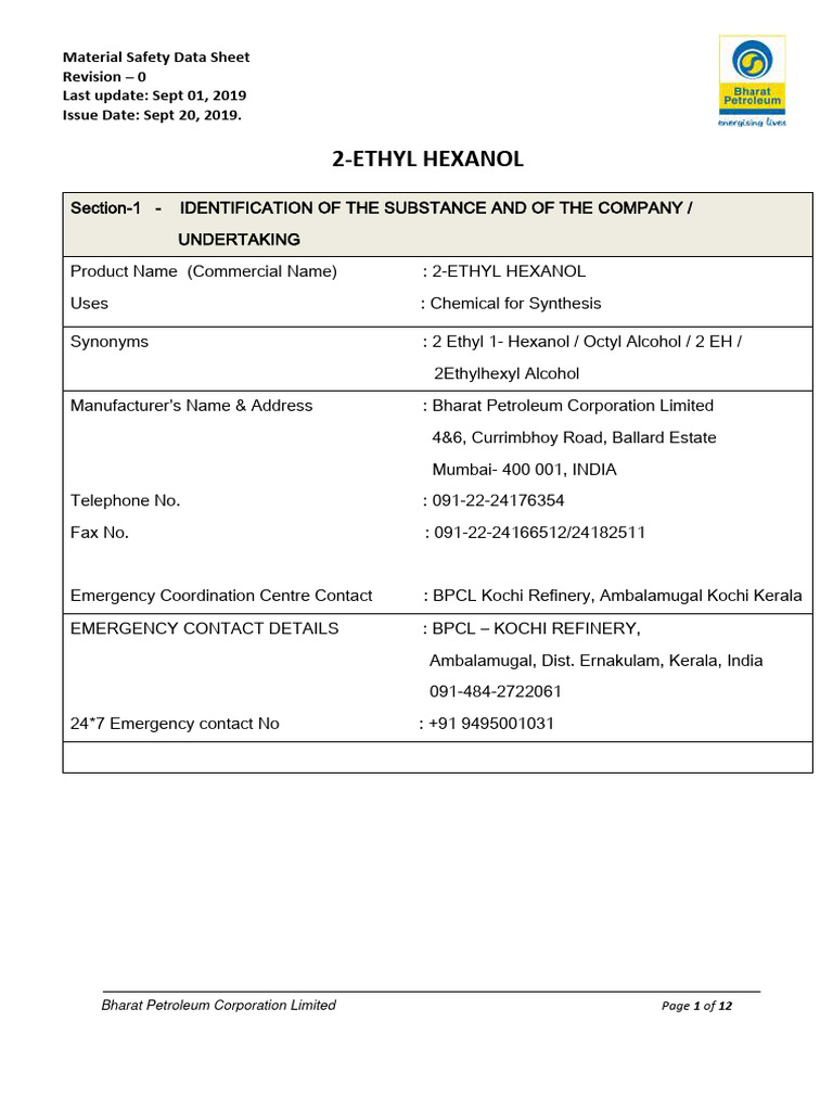 2 ethyl hexanol msds | PDF | Chemistry | Physical Sciences