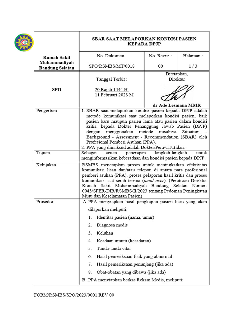 Prosedur SBAR untuk Pelaporan Pasien | PDF