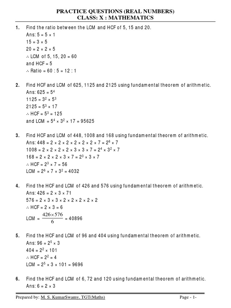 Practice Questions Real Numbers Class X Set 02 Answers | PDF | Numbers ...