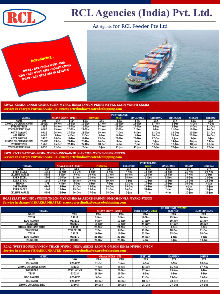 RCL West India - Export Schedule Nov 2023 | PDF | Companies | Water Transport