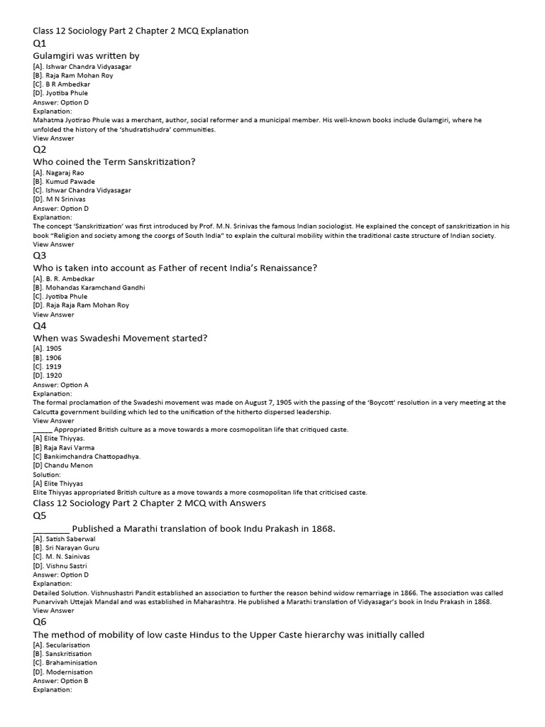 Class 12 Sociology Chapter 2 MCQs | PDF | Swami Vivekananda | Indian ...