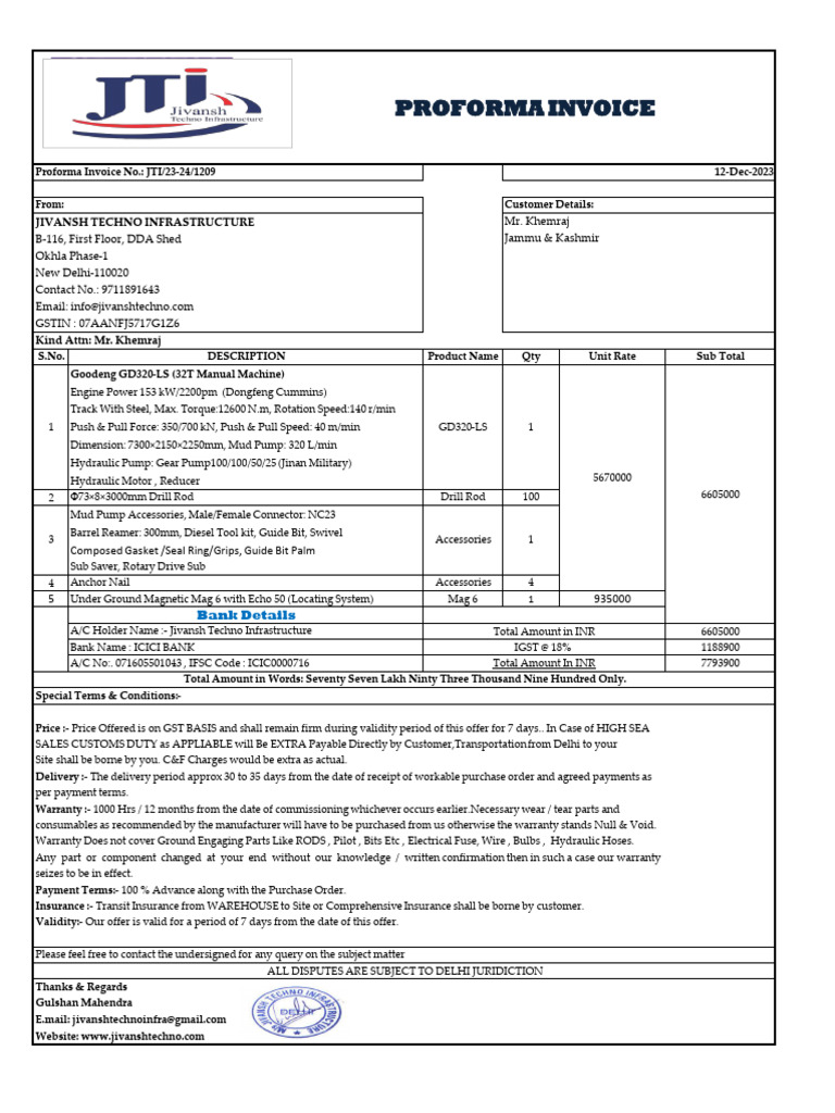 Proforma Invoice for Goodeng GD320-LS | PDF | Drill | Manufactured Goods