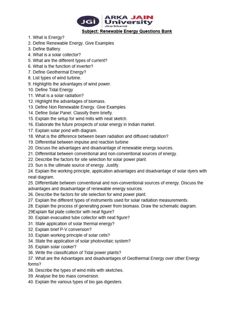 Renewable Energy Questions Bank | PDF