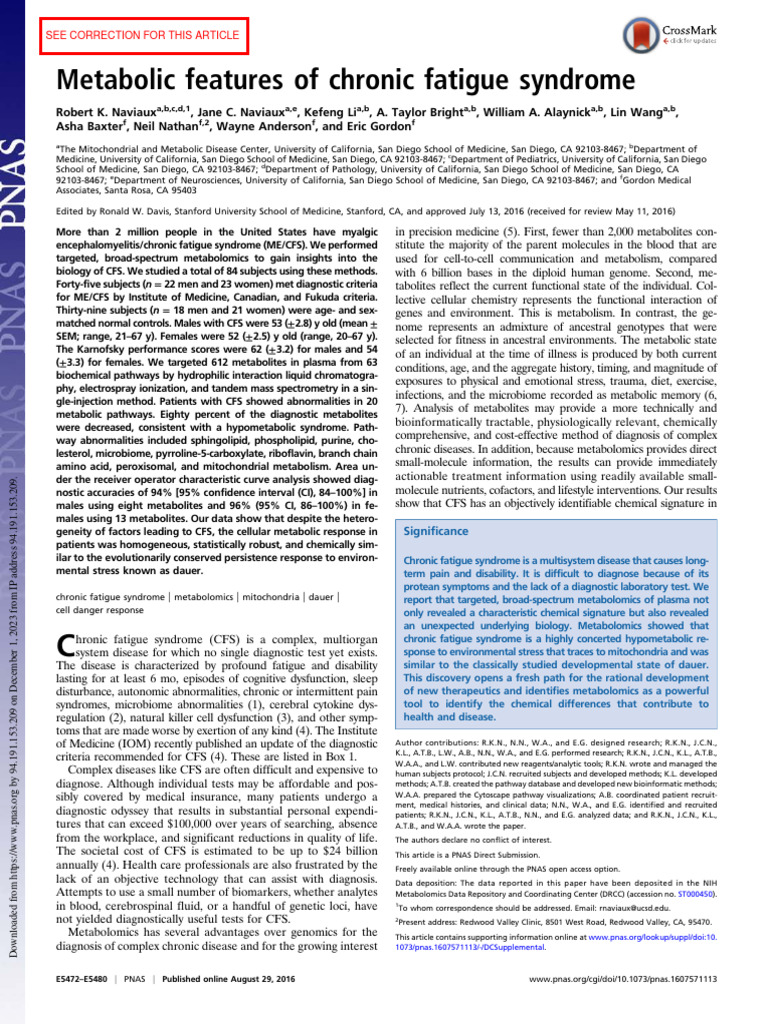 Metabolic Insights into Chronic Fatigue Syndrome | PDF | Chronic ...