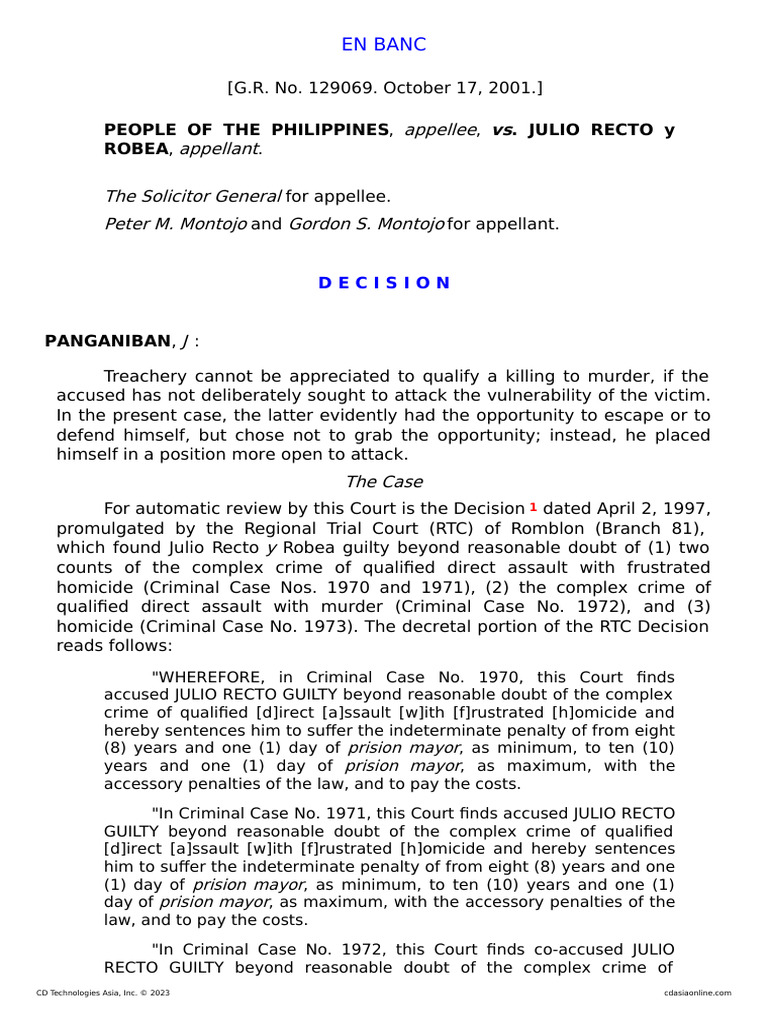 G.R. No. 129069 - People v. Recto y Robea | PDF | Assault | Murder