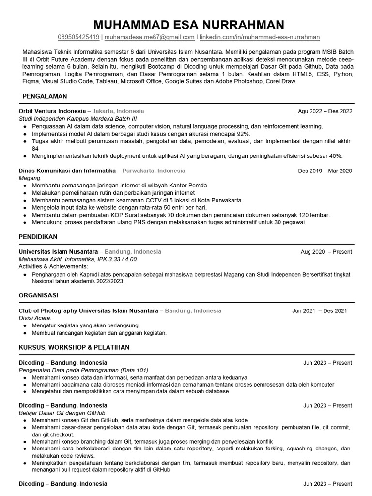 CV Muhammad Esa Nurrahman MBKM Batch 5 Fix | PDF