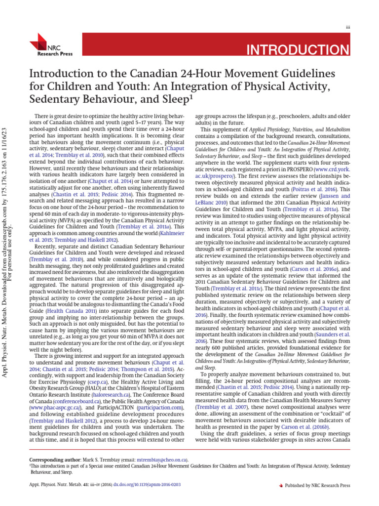 Tremblay Et Al 2016 Introduction To The Canadian 24 Hour Movement ...