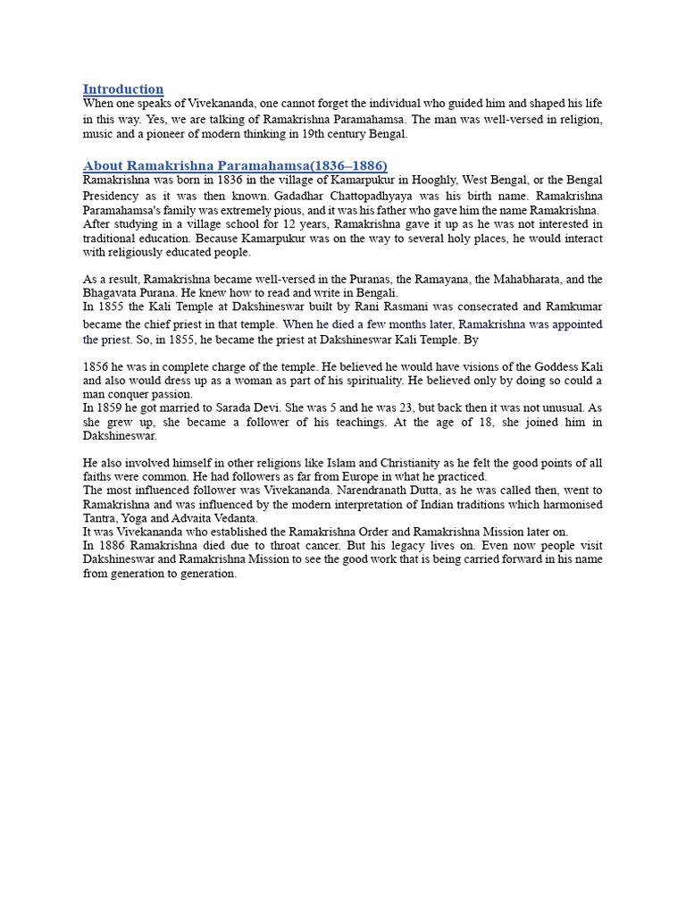 Ramakrishna Paramahamsa: Life & Legacy | PDF | Religion & Spirituality