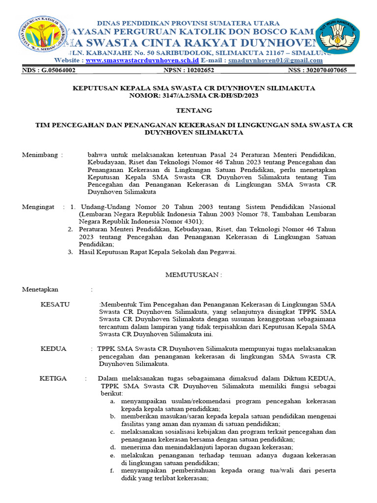 Lampiran 2 - Contoh SK Kepala Satuan Pendidikan Pembentukan TPPK | PDF ...