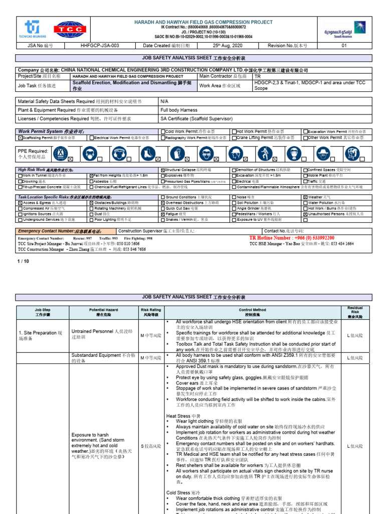 JSA-003-Scaffold Erection, Modification and Dismantling脚手架作业 | PDF