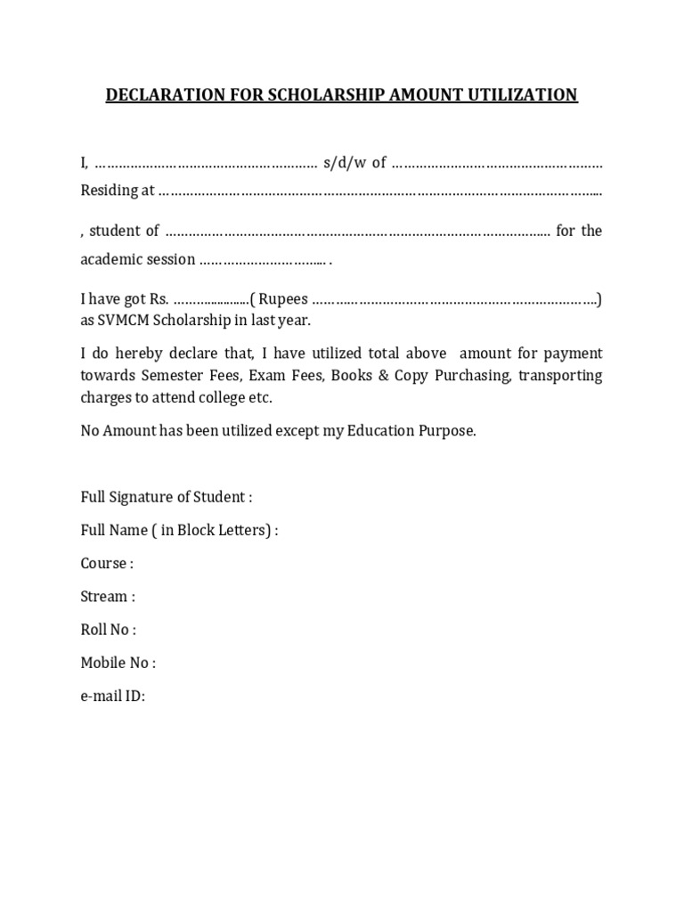 Declaration For Scholarship Amount Utilization | PDF