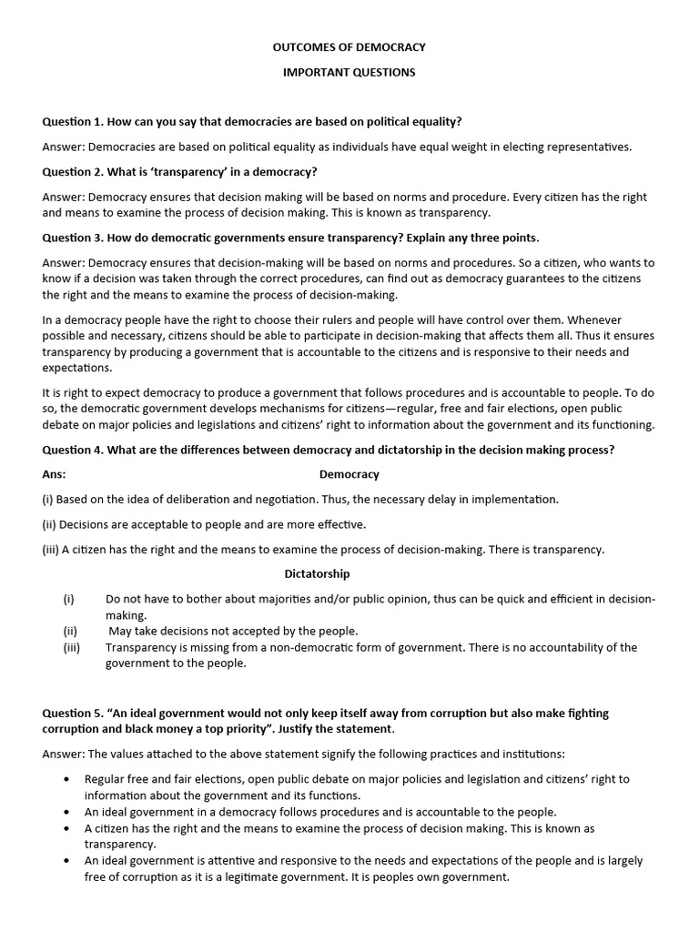 Class 10-Important Questions - Outcomes of Democracy | PDF | Democracy ...