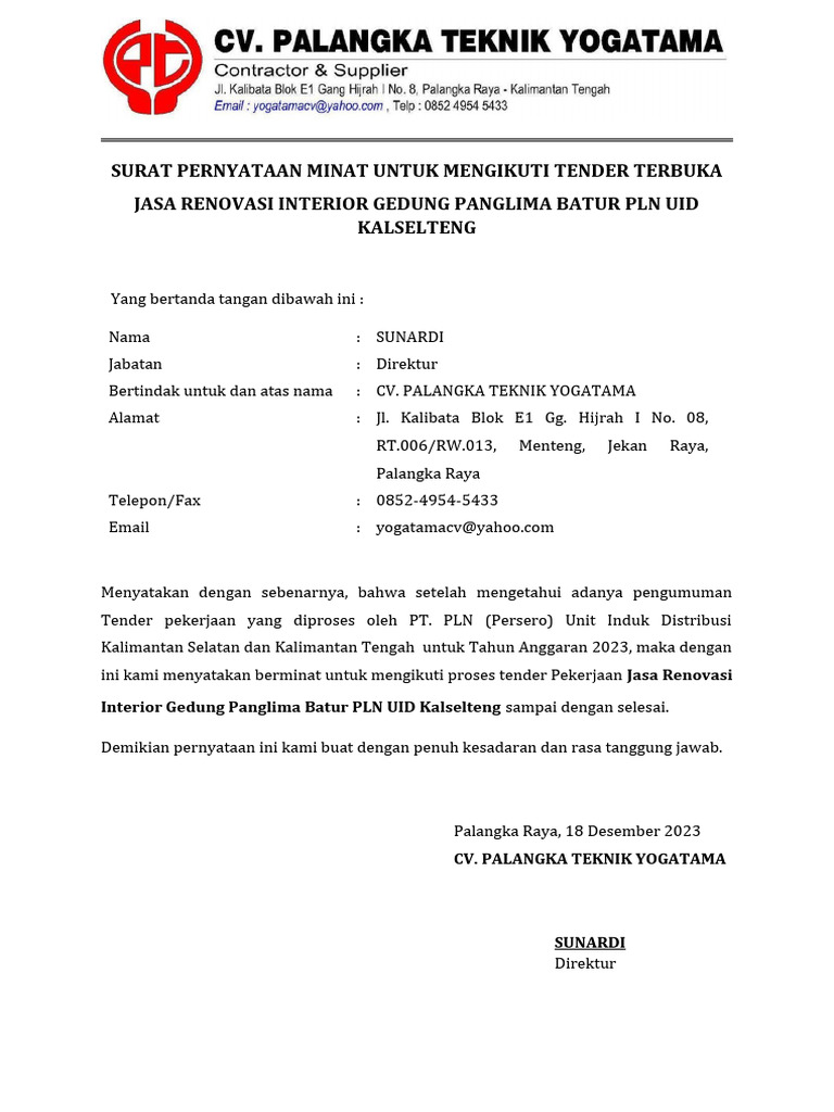 Surat Pernyataan Minat Tender PLN | PDF