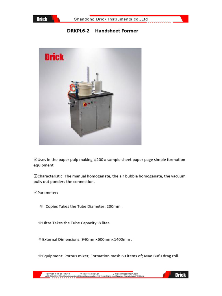 Laboratory Handsheet Former Specifications | PDF
