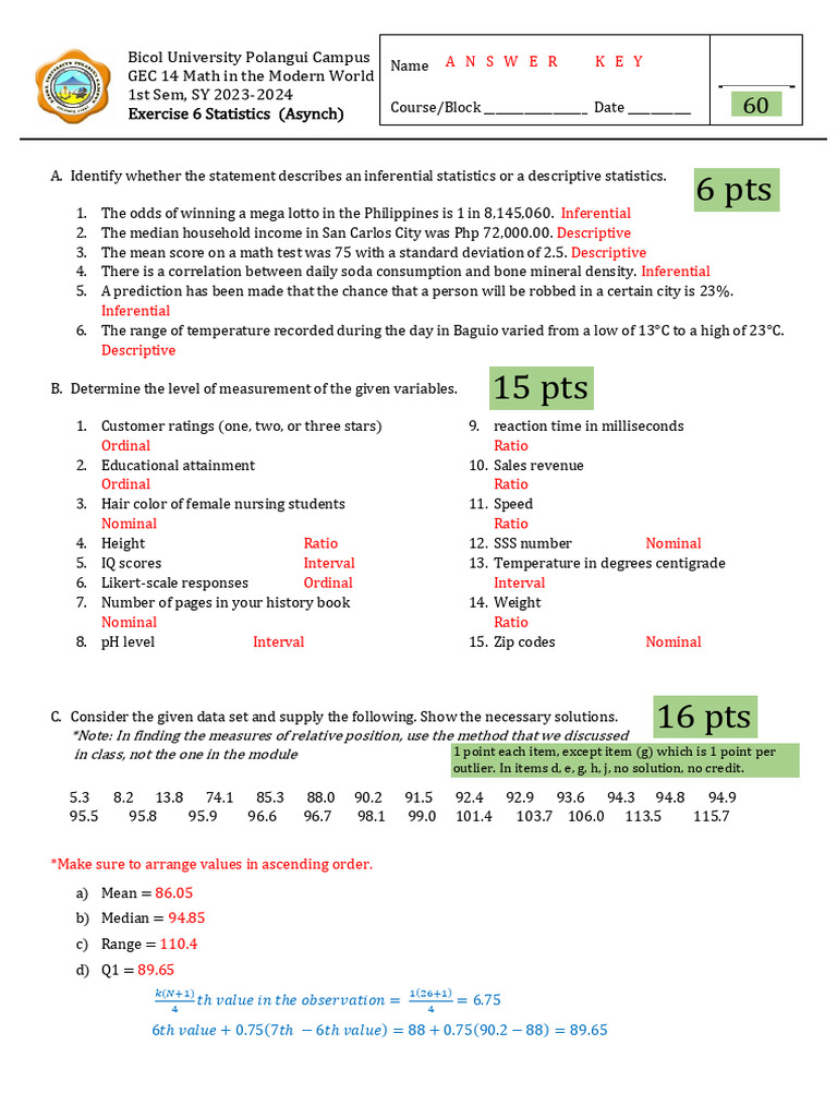 Answer Key - Exercise 6 | PDF | Mode (Statistics) | Level Of Measurement