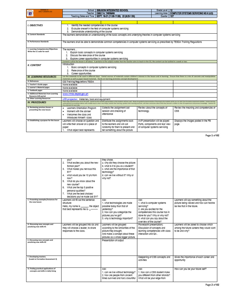 Daily Lesson Log For Css g12 SY 2019 2020 | PDF | Learning | Teachers