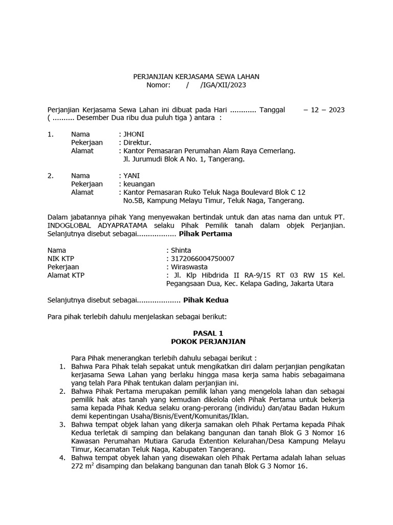 Perjanjian Kerjasama Sewa Lahan Shinta | PDF