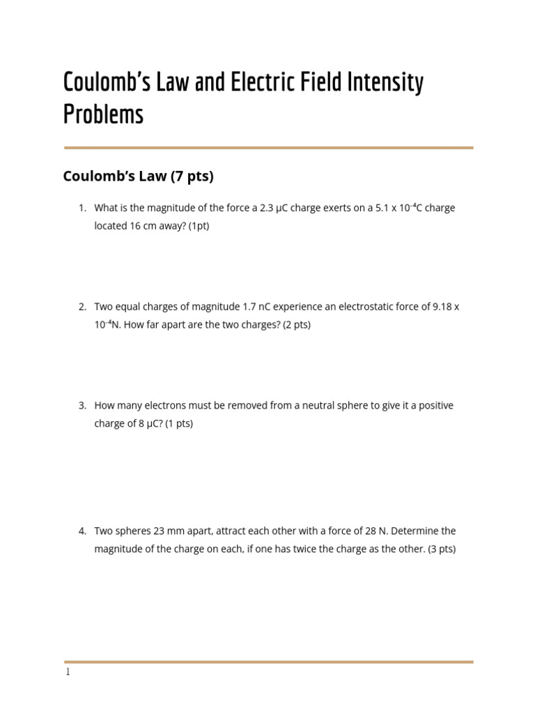 Coulombs Law and Electric Field Intensity Word problems | PDF