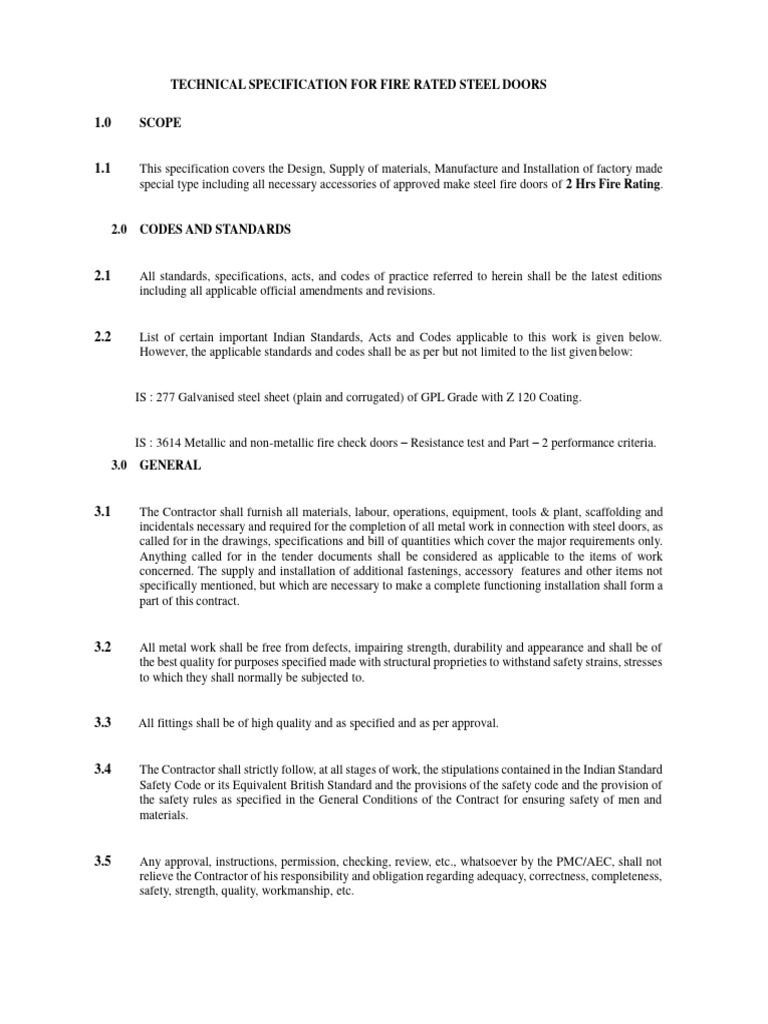 Detailed Specifications of Fire Retardant Doors | PDF | Specification ...