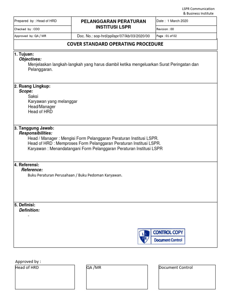 SOP Pelanggaran Peraturan Institusi LSPR | PDF