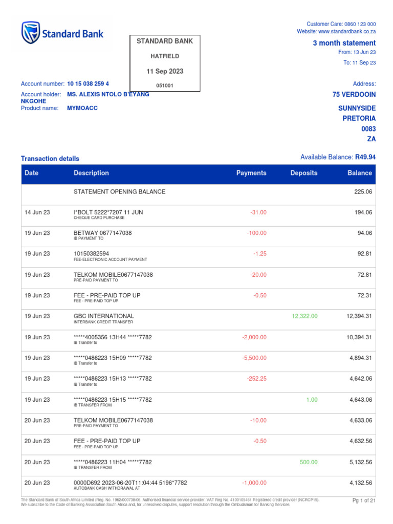 Bank Statement for Ms. Ntolo B'Eyang | PDF | Debit Card | Payments