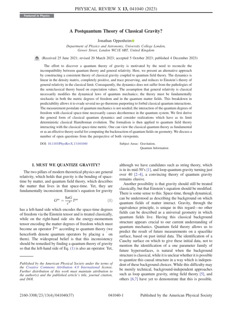A Postquantum Theory of Classical Gravity | Download Free PDF | Quantum Mechanics | Gravity