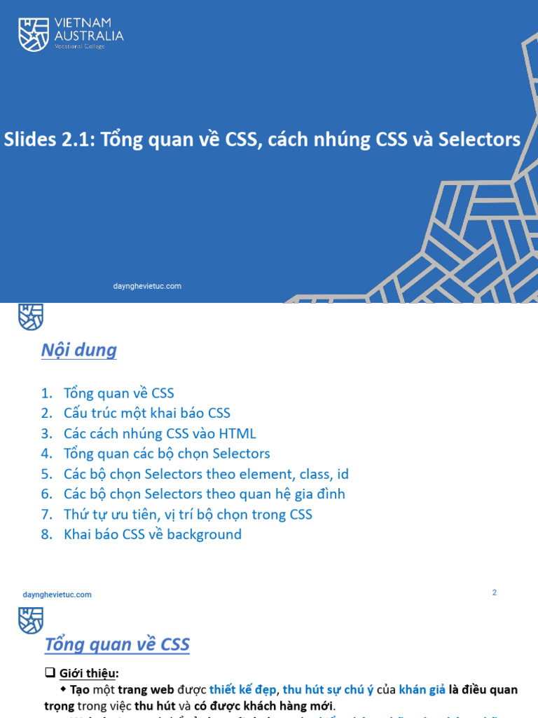 Slides 2.1 - Tổng quan về CSS, cách nhúng CSS và Selectors | PDF