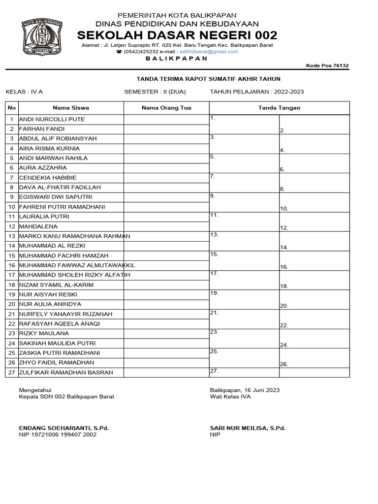 Tanda Terima Rapot Genap Kls 4 | PDF