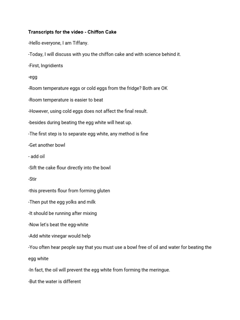 Transcripts - Chiffon Cake | PDF | Egg White | Meringue