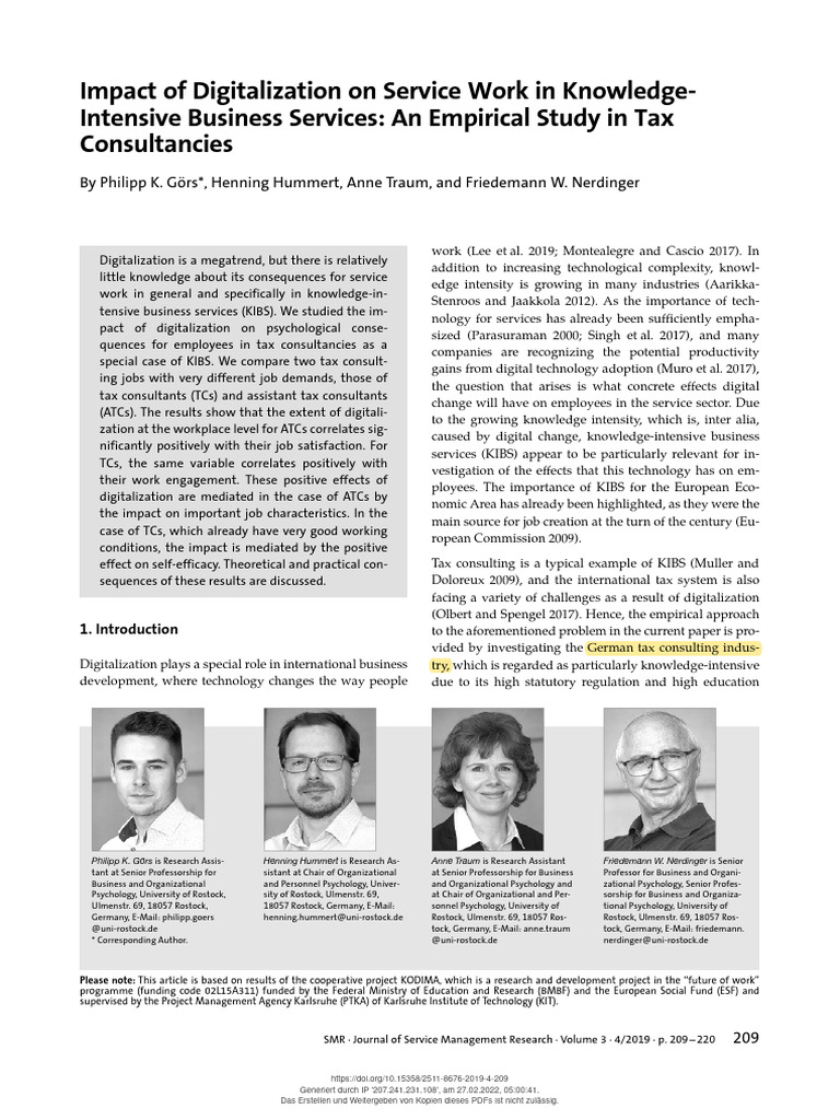 Impact of Digitalization On Service Work in KnowledgeIntensive Business ...