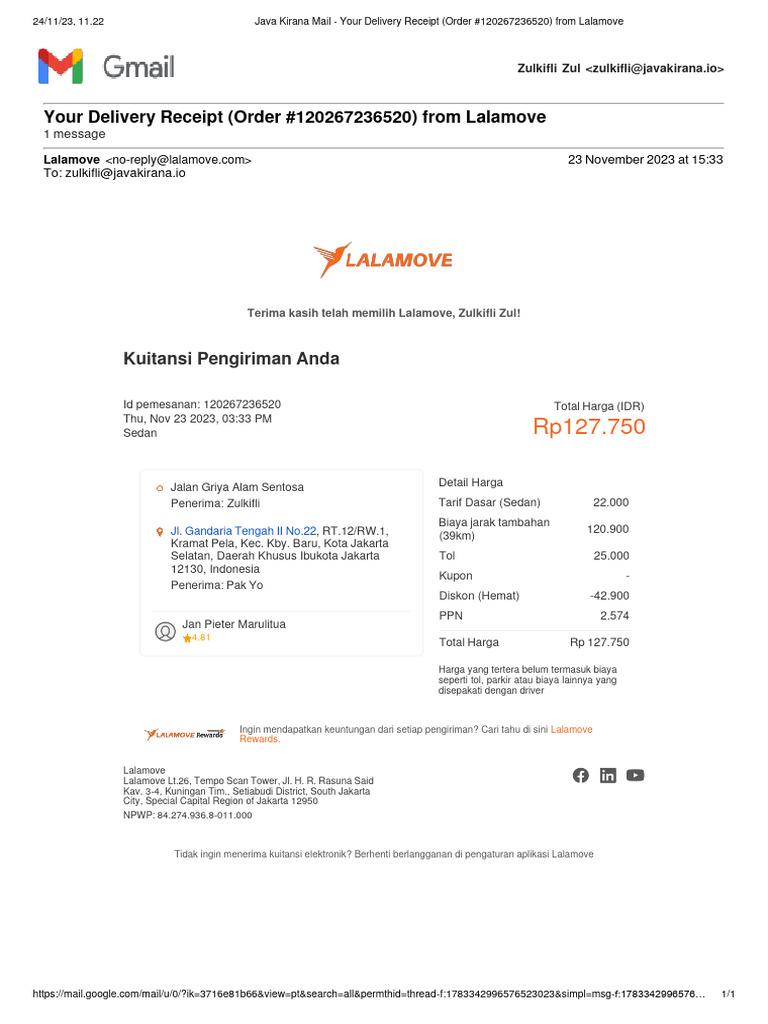 Java Kirana Mail Your Delivery Receipt Order 120267236520 From Lalamove Pdf 6846