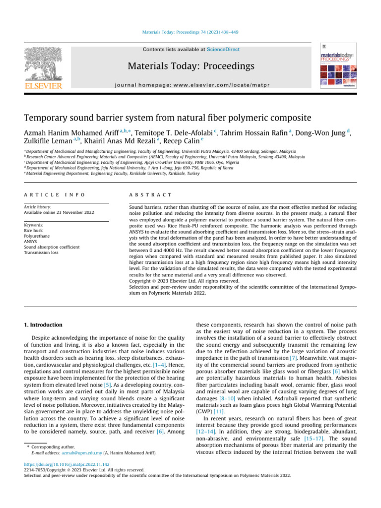 Temporary Sound Barrier System From Natural Fiber 2023 Materials Today Pro | PDF | Noise ...