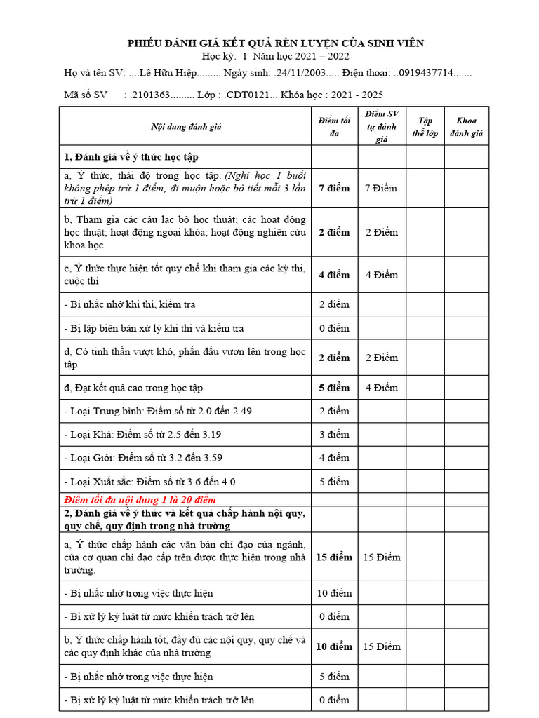 Phieu Danh Gia Ren Luyen | PDF