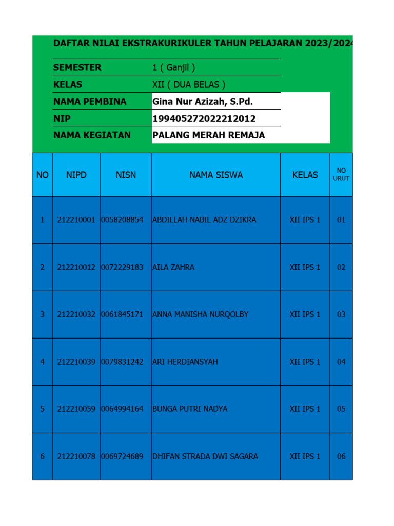 Nilai Ekstra PMR Kelas Xii Sem 1 2324 | PDF